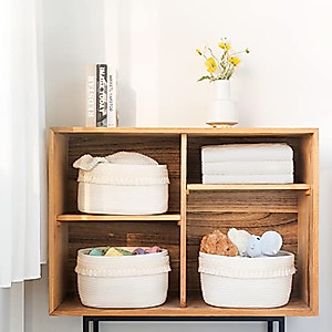 Mkono 3 Pack Storage Baskets Bins for Shelves Boho Toys Organizer Decor Small White Woven Cotton Rope Basket with Macrame Tassels Books Towel Storage for Bedroom Nursery Living Room, 13" x 8.6" x 7.8"