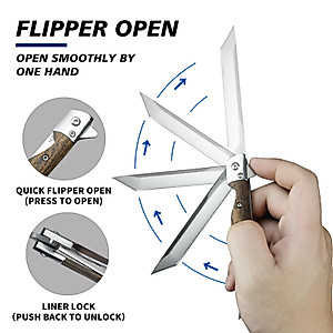 Ogival Pocket Knife for Men, 3.5 inch Folding Knife with Wooden Handle and Leather Sheath, Edc ​Tanto Knife for Men and Women