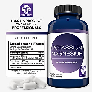 MD. Life Magnesium Potassium Supplement - 90 Capsules - High Absorption Magnesium Complex to Support Vascular Health & Leg Cramp 90cts