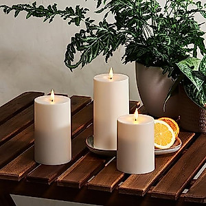 Outdoor Ivory Flameless Candles with Timer: LED Pillar Candle Set of 3, Waterproof Patio Decor, Battery Operated, Remote Control Included, Realistic Flickering Warm White Light - 3x4 3x5 & 3x6