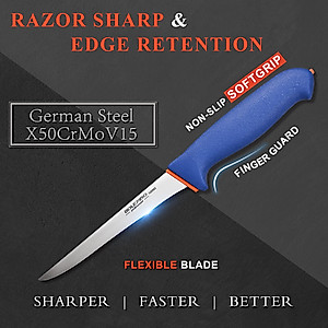 BOLEXINO 6 Inch Boning Knife, Flexible Straight Blade Processing Knife, Super Sharp Fillet Knife, German Stainless Steel Chef Knife W/Non-slip Softgrip, Prep Chicken & Fish with Ease (Blue)