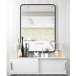 USHOWER 24 x 36 Inch Bathroom Mirror, Matte Black Rectangle Mirror for Wall, Rounded Metal Frame Vanity Mirror