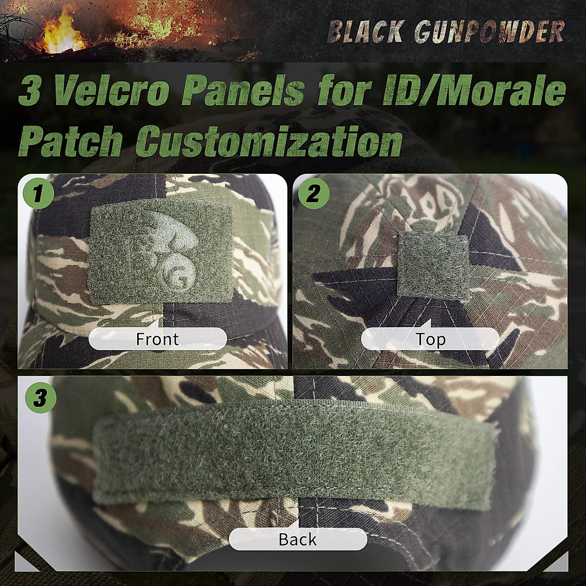 Black Gunpowder Tactical Camo Baseball Cap Tactical Operator Collection Patch Hunting Outdoor Activities (Tiger Stripe)