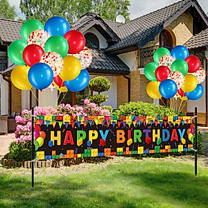 Building Block Banner Decorations Kit Large Fabric Brick Theme Birthday Banner Backdrop Yard Sign with 38 Pcs Colorful Balloons for Building Blocks Birthday Baby Shower (Black Base,82.7 x 15.7 Inch)