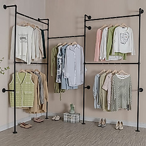 EDCB Industrial Pipe Clothes Rack, Heavy Duty Detachable Wall Mounted Black Iron Garment Bar, Clothing Store Display Stands Garment Rack Closet System (125.5 x 93.7inch)