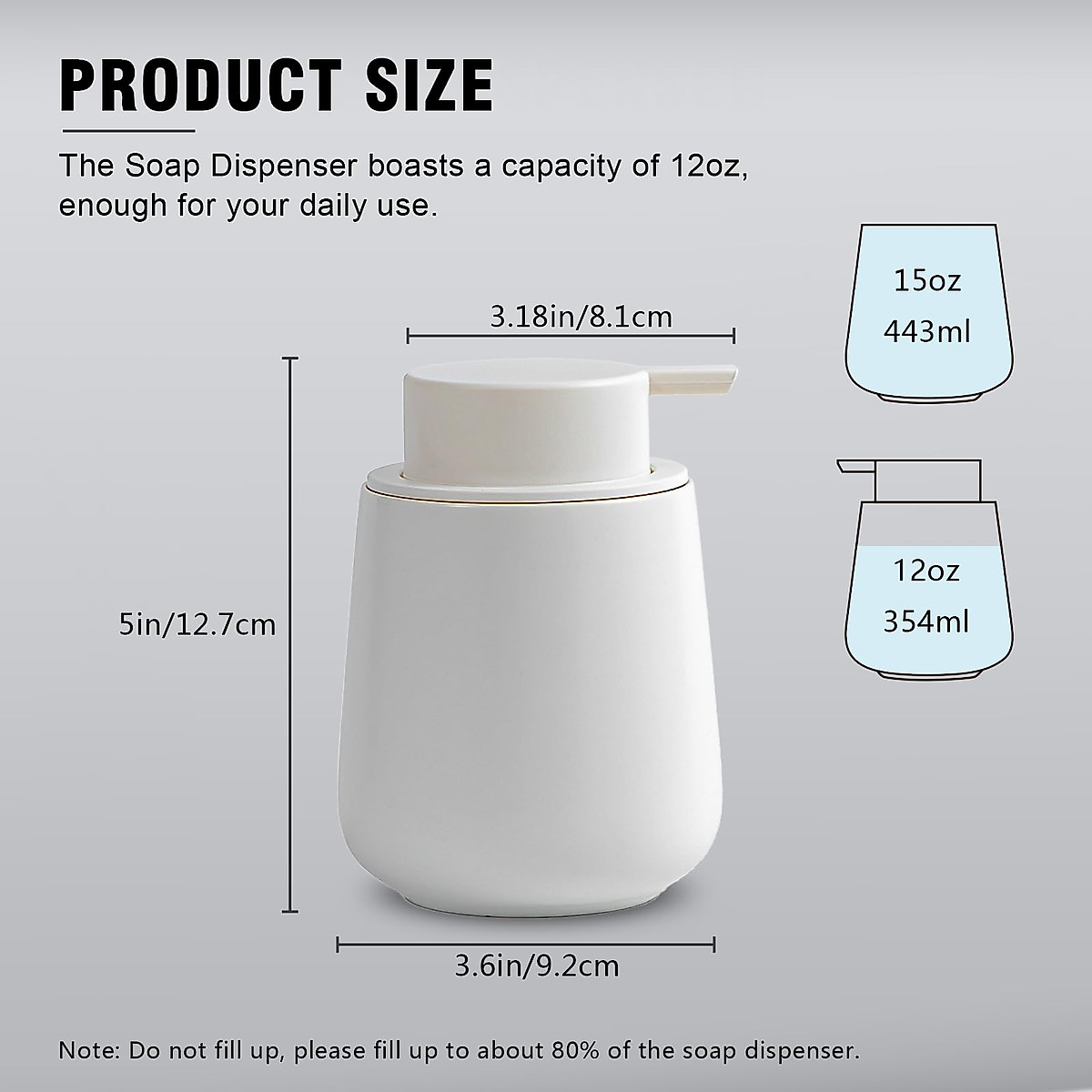 Agyiuns White soap Dispenser Ceramic foaming soap Dispenser with Easy-to-Press Pump for Bathroom 12 oz refillable Liquid Hand soap Dispenser for Hand sanitizers, lotions (White Foam Dispenser)