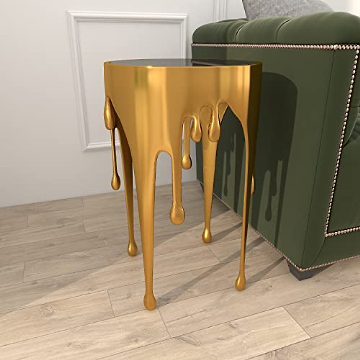 Deco 79 Aluminum Drip Accent Table with Melting Designed Legs and Shaded Glass Top, 16" x 16" x 25", Gold