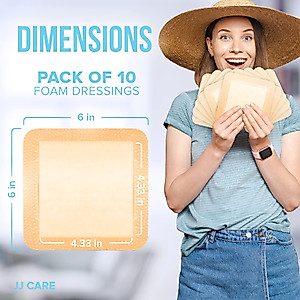 JJ CARE Silicone Foam Dressing 6x6 [Pack of 10], Silicone Bandages for Wounds, Waterproof Wound Dressing with Silicone Adhesive Border, Absorbent Bed Sore Bandages for Wound Care