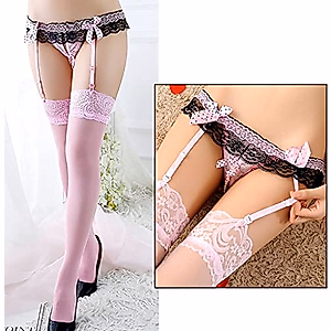 Sexy Floral Lace Garter Belt with Stockings Set Low Waist Hosiery Thong Open Design Underwear 3 Pieces Women Lingerie Set (Pink)