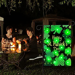 St Patrick's Day Garden Flag with Green Led Lights Good Shamrock Luck Truck Gnome 12 X 18 Inch Double Sided Garden Flag Durable Burlap Shamrock Garden Flag for Lawn Party Outdoor Decorations (Shamrock)