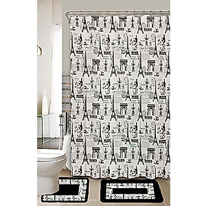 EMPIRE Home Paris 15-Piece Black & Gray Eiffel Tower Bathroom Accessories Set Rugs Shower Curtain & Matching Rings