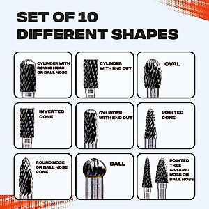 Tungsten Carbide Burr Set (YG10) – 1/4” Shank, Die Grinder Bits, Compatible with Dremel - 10 Pcs Double cut Carbide Rotary Burr Set for Grinding, Carving and Engraving