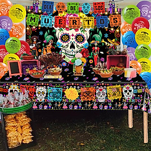 Day of The Dead Decorations Includes 3 Dia de Los Muertos Banner, 18 Latex Balloons,1 Backdrop, 1 Table Cloth,Sugar Skull Dia De Los Muertos Decoration for Halloween Mexican Fiesta Supplies