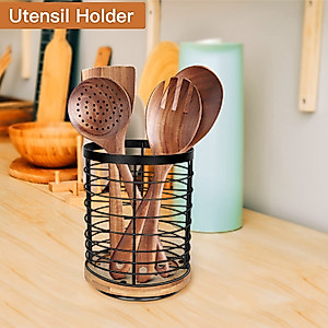 Toosci Utensil Holder for Kitchen Counter, Cooking Utensils Holder, Black Metal+Wooden Base Utensil Holder, Breathable and Easy to Dry+Rotatable+Drainage Holes, Kitchen Countertop Utensil Organizer