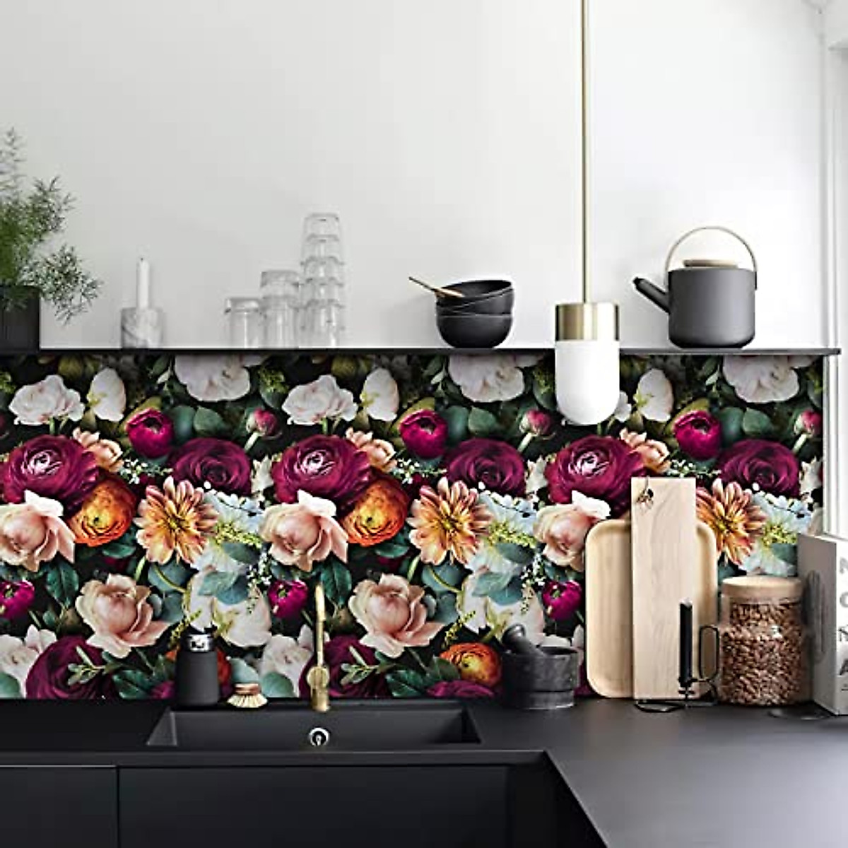 HAOKHOME 93277 Peel and Stick Floral Wallpaper Rose Daisy Removable Black/Pink/Purple Stick on Wild Mural 17.7in x 9.8ft