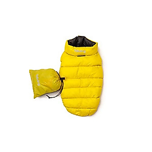 fabdog Dog Puffer Coat - Reversible Pack N Go Dog Coats for All Breeds - Comfy & Colorful Dog Jackets are Ideal Gifts - Clothes Fit Necks 8" | Yellow/Grey