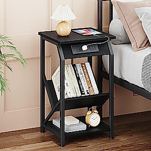IDEALHOUSE End Table with Charging Station, Black Side Table with USB Ports and Outlet in Living Room & Bedroom, Wooden Sturdy Couch Bedside Small Bookcase