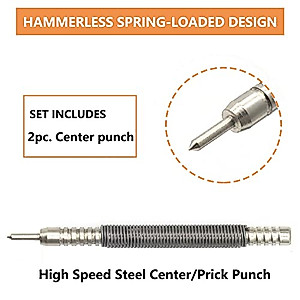 WHLLING 2-Piece Spring Loaded Center Punch Hammerless Single Ended Centering Center Punch, 3500 PSI Striking Force Hit Punch Tool for Metal Wood