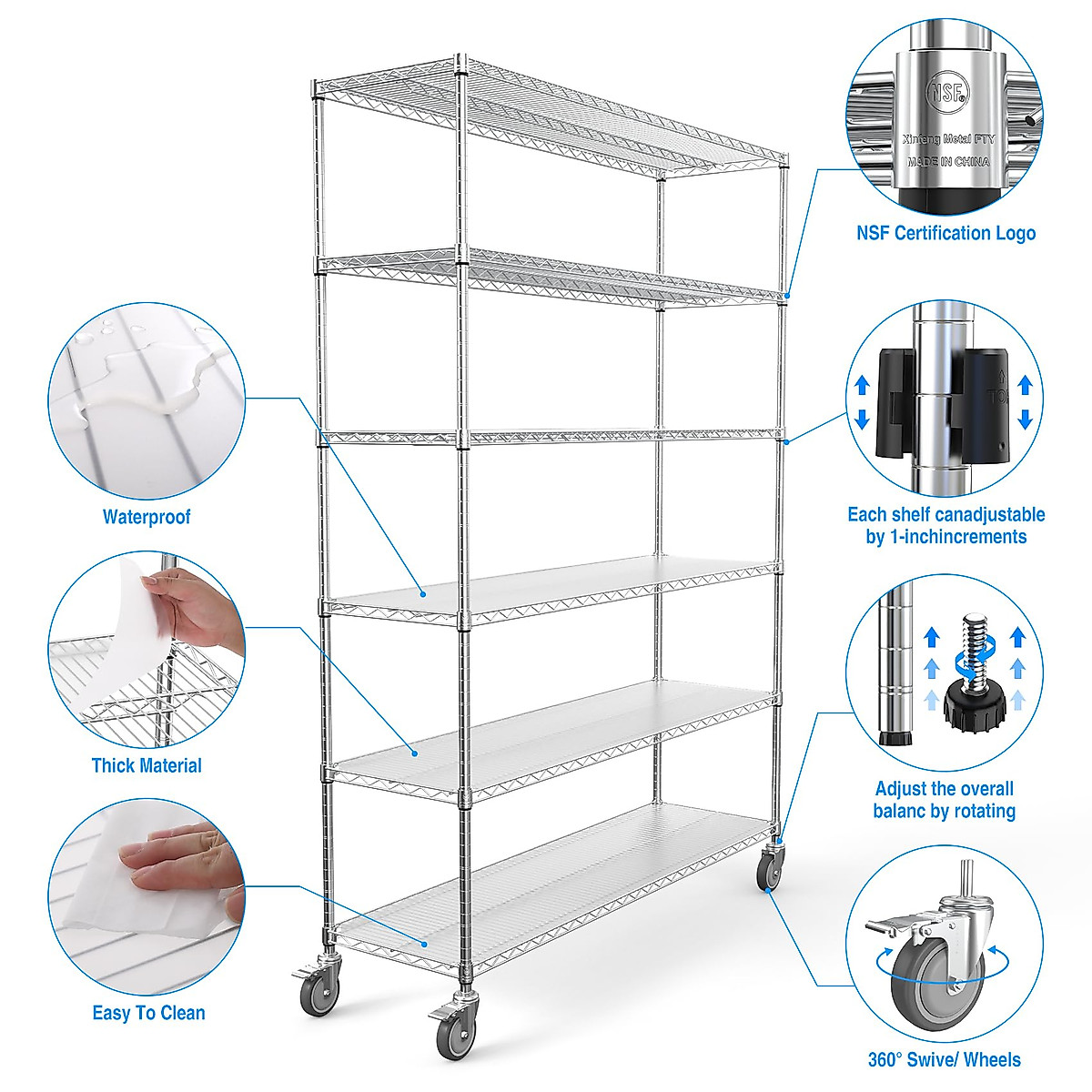 Metal Shelf Wire Shelving Unit, Heavy Duty NSF 6 Tier 6000lbs Adjustable Storage Rack Commercial Grade Utility Steel Storage Rack with 5in Wheels and Shelf Liners - 18" D x 60" L x 87.5" H- Chrome