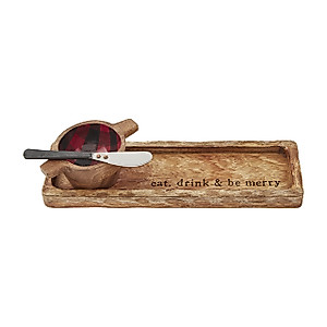 Mud Pie, Red, Buffalo Check Eat, Drink & Be Merry Appetizer Set, tray 4" x 14", dip 2" x 3 3/4" dia | spreader 6"