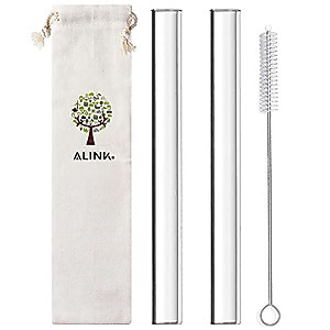 ALINK Glass Boba Straws, 14 mm x 9 inch Reusable Jumbo Clear Bubble Tea Straws for Smoothie, Tapioca Poping Pearls, Shakes, Pack 2 with Cleaning Brush and Case