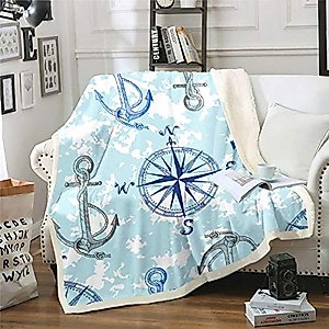 Anchor Decor Sherpa Blanket Nautical Compass Blanket for Bed Couch Travel Sofa Ocean Marine Themed Fleece Throw Blanket Kids Adults Soft and Cozy Sea Adventure Plush Fuzzy BlanketTwin 60"x80"