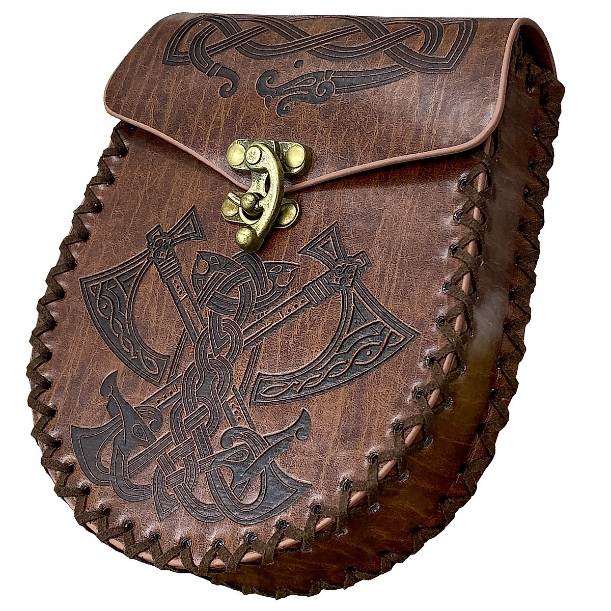 HiiFeuer Nordic Embossed Belt Bag, Retro Medieval Faux Leather Side Pack, Vintage Portable Belt Pouch For LARP Ren Faire (Axe)