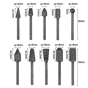 Bestgle 10Pcs 1/8''(3mm) Shank Rotary Burr Rasp Set Carbon Steel Wood Carving File Rasp Drill Bits Fit for Rotary Tools for DIY Woodworking Wood Plastic Carving Polishing Grinding Engraving