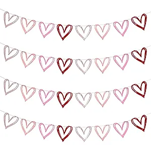 Whaline Valentine's Day Felt Banner with String Pink Red White Hollow Heart Banner Pre-Assembled Sweet Banner Fireplace Wall Hanging for Party Wedding Anniversary Home Decoration