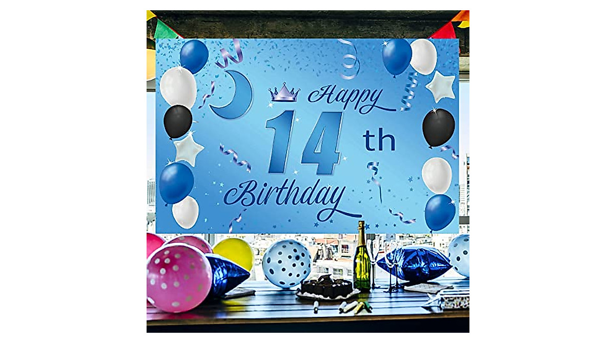 Sweet Happy 14th Birthday Backdrop Banner - Blue Party Decor