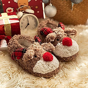 Nixlepus Women's Reindeer Slippers Bedroom House Animal Slipper Cozy Furry Christmas Red Nose Reindeer Rudolph Winter (Size EU 39/US 9/UK 7)
