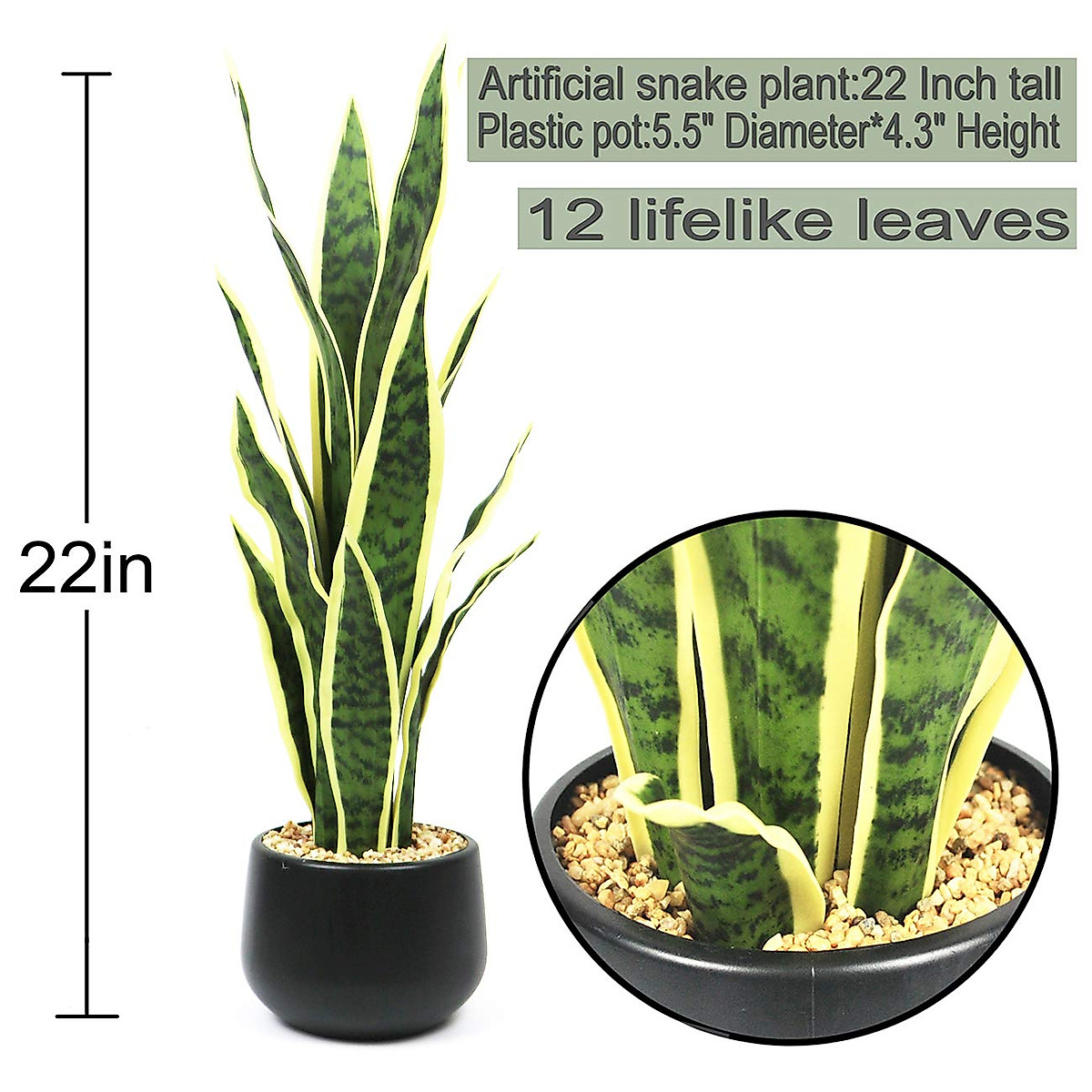 Beebel Artificial Snake Plant 22" Fake Sansevieria Potted Plants Plastic Greenery Perfect Faux Agave Plant for Home Garden Office Store Decoration