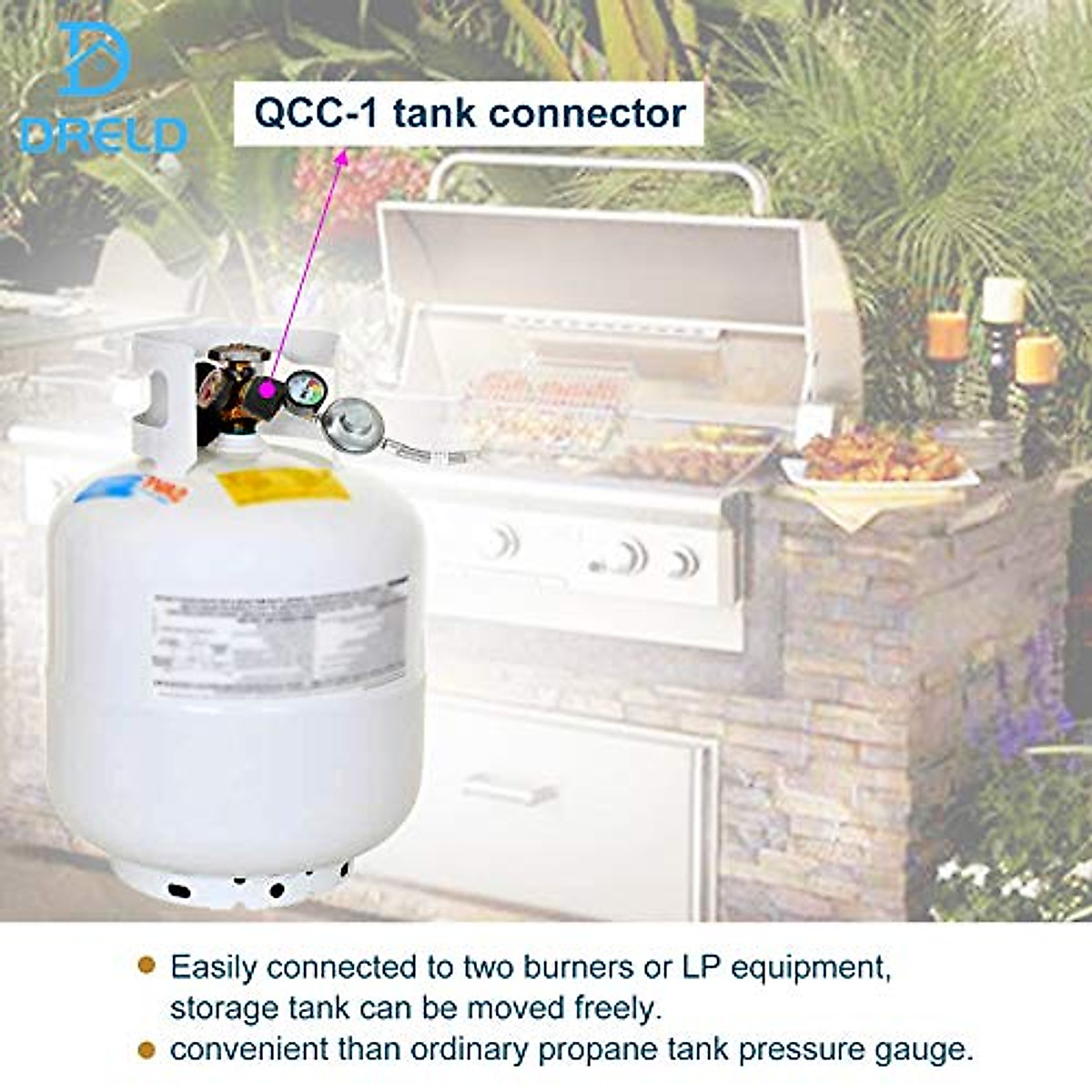 5 Feet Y-Splitter Stainless Braided Hose to 3/8" Female Flare Fitting, Low Pressure Propane Regulator Adapter with Tank Gauge Level Indicator, for LPG Gas Grill, Heaters, Fire Pit Table