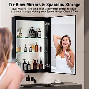 VESLINY Lighted Medicine Cabinet 20" X30"Anti-Fog 3 Color Lights Black LED Medicine Cabinet Mirror for Bathroom Dimmable Brightness Waterproof Aluminum Surface Mounted Medicine Cabinet with Mirror