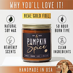 Pumpkin Spice Candle, Fall Candles - 'Pumpkin Spice' Pumpkin Candle, Autumn Scented Soy Candles for Home, Fall Scented Candles for Home, Fall Home Décor, 9oz Reusable Jar, 50Hr Burn, Made in USA