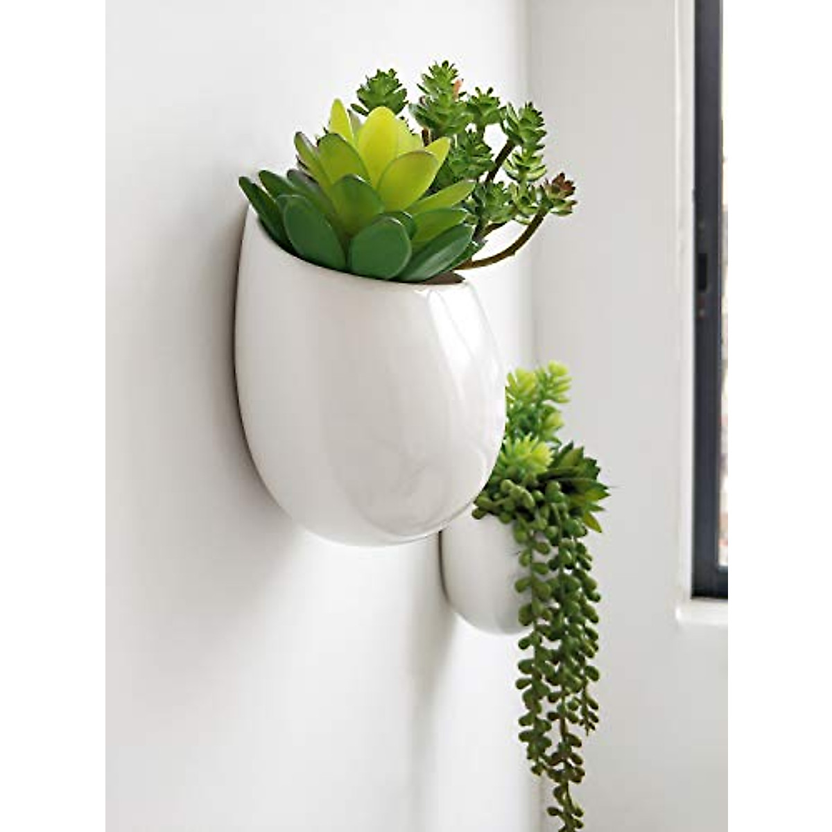 Mkono Wall Planter with Artificial Plants, Decorative Potted Fake Succulents Picks Assorted Faux Succulent in Modern Ceramic Hanging Plant Pot Vase for Home Decor, Set of 3