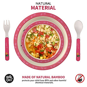 Greentainer 5 PC Kids Toddler Dinnerware Sets Bamboo Toddlers Dishes Set Kids Feeding Plates and Bowls Sets with Sunction and Utensil Flatware Durable & BPA Free