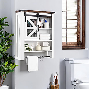 JoanKaren Bathroom Cabinet Wall Mounted with Towel Bar, Over Toilet Cabinet, Medicine Cabinet with Sliding Door Adjustable Shelves, Hanging Storage Cabinets for Bathroom Laundry Room Kitchen, White