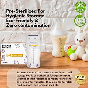 Kunuz Trendz Breastmilk Storage Bags - 250-Count, 8oz/240ml, Pre-Sterilized Breast Milk Pouches with Temperature Sensor, Dual Zip-Locking Seal,Capacity Markings - Nursing & Breastfeeding (250 Count)
