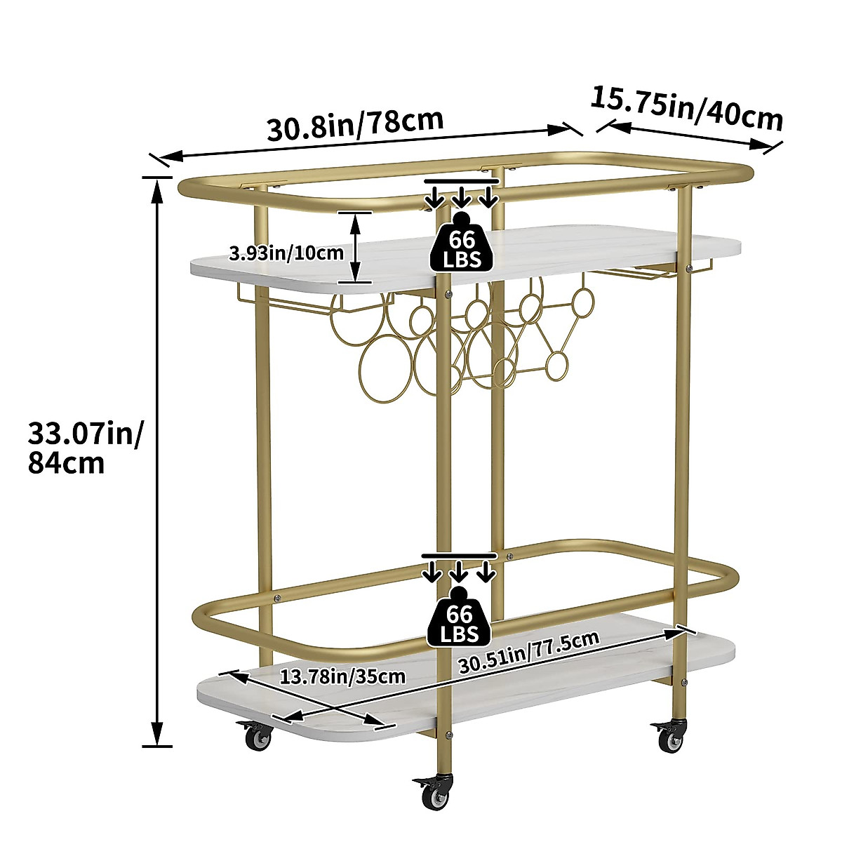 BENOSS Gold Bar Cart on Wheels, Home Bar Serving Carts, Modern Marbled Pattern Wine Cart with Glass Holder Wine Rack, Coffee Tea Drink Trolley, Beverage Bar Cart for the Home Kitchen Living Room Party