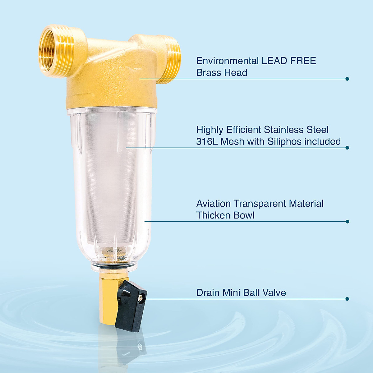 Reusable Whole House Spin Down Sediment Water Filter with Siliphos - 40 Micron Flushable Prefilter Filtration - 1" MNPT + 3/4" FNPT, Traps Sand, BPA Free