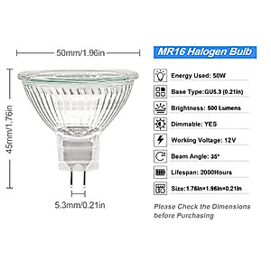 ETUOLMP MR16 Halogen Bulb 50W 12V, Durable 6 Packs High Output Halogen Light Bulbs 2 pin GU5.3 Base for Landscape Lights, Track Lights, Fiber Optics, Desk Lamps, Dimmable, 2700K Warm White