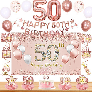 Trgowaul 50th Birthday Decorations for Women,23pcs Rose Gold Happy Birthday Party Supplies,Backdrop, Hanging Swirl Flag,Birthday Balloons,50 Year Old Birthday Set
