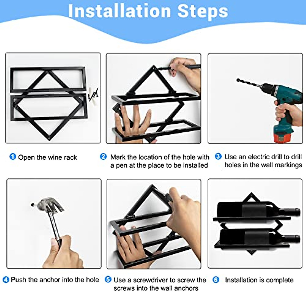 2 Style Metal Wall Mounted Wine Holder, Upgrade Foldable Hanging Wall Wine Rack Organizer for 2 Liquor Bottles, Red Wine Bottle Display Hanger with Screws for Home Kitchen Bar Wall Décor