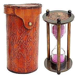 Hanzla Collection 1 Minute Decorative Nautical Vintage Brass Sand Timer with Engraved Leather Case Home Décor, Small Kitchen Sand Clock, Metal Hour Glass Sand Glass for Office Desk