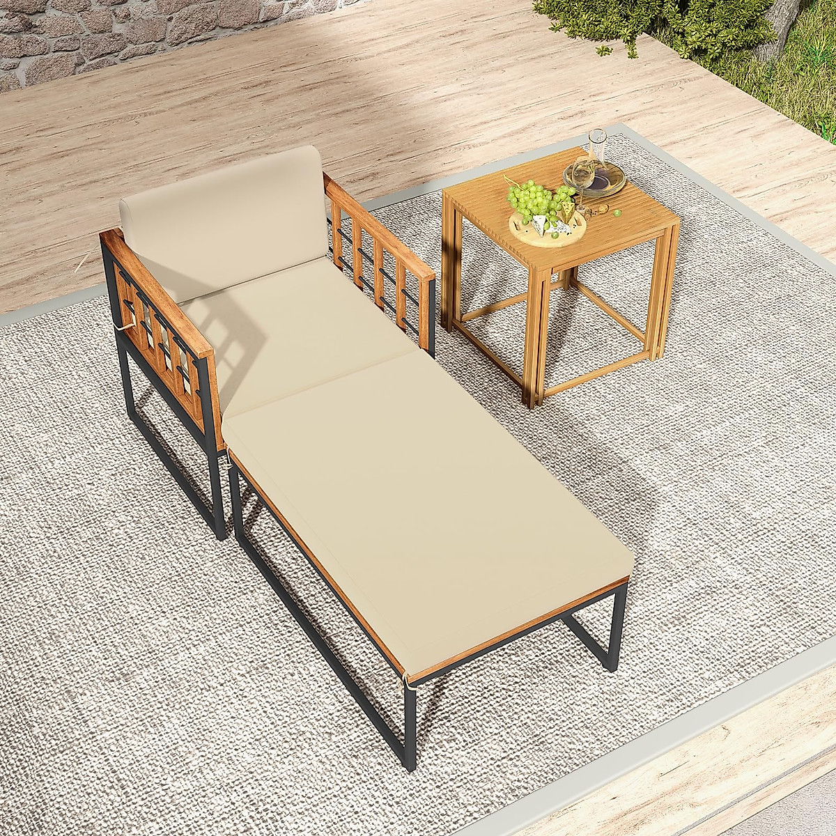 Tangkula Outdoor Chaise Lounge Chair, Acacia Wood Heavy Duty 1200 lbs Weight Capacity Wooded Patio Chair and Ottoman Set for Backyard, Poolside, Garden Deck or Balcony