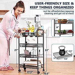 DEVO 4 Tier Metal Mesh Rolling Cart, Storage Organizer cart with 4 Side Hooks, Utility Carts with Lockable Wheels, for Home Kitchen Office Classroom (Black 1)