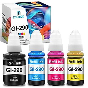 COLWOD Compatible GI-290 GI290 Refill Ink Bottle Kit for PIXMA G3202 G4210 G3200 G4200 G1200 Printers (1 Black Ink 135mL, C/M/Y Ink 70mL, 4-Pack) GI290BK GI290C GI290M GI290Y