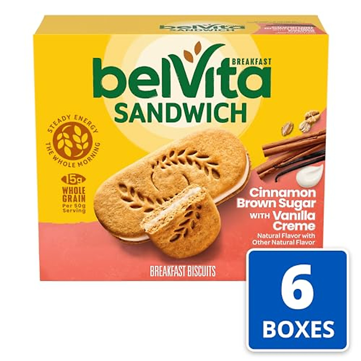 belVita Breakfast Sandwich Cinnamon Brown Sugar with Vanilla Creme Breakfast Biscuits, 30 Total Packs, 6 Boxes (2 Sandwiches Per Pack)