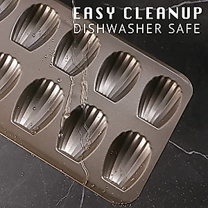 HONGBAKE Nonstick Madeleine Pan 2 Pack 12-Cavity Heavy Duty Madeleine Cookies Trays for Oven Baking, Warp Resistant Shell Shape Madeleine Mold Cake Pan, Champagne Gold